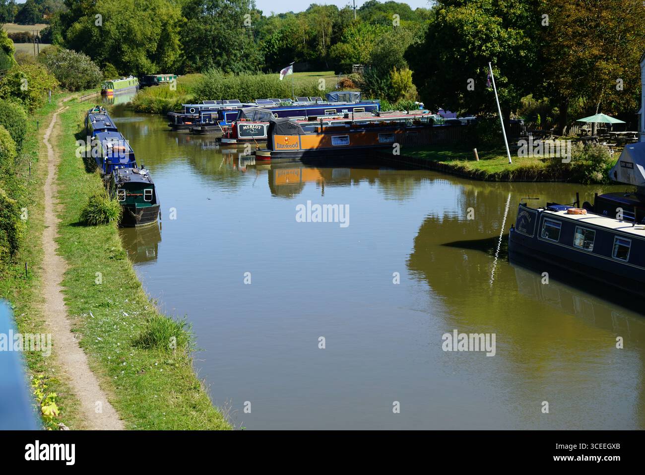 Scenic Waterfront Canal with Narrowboats Amid Vibrant Greenery During ...