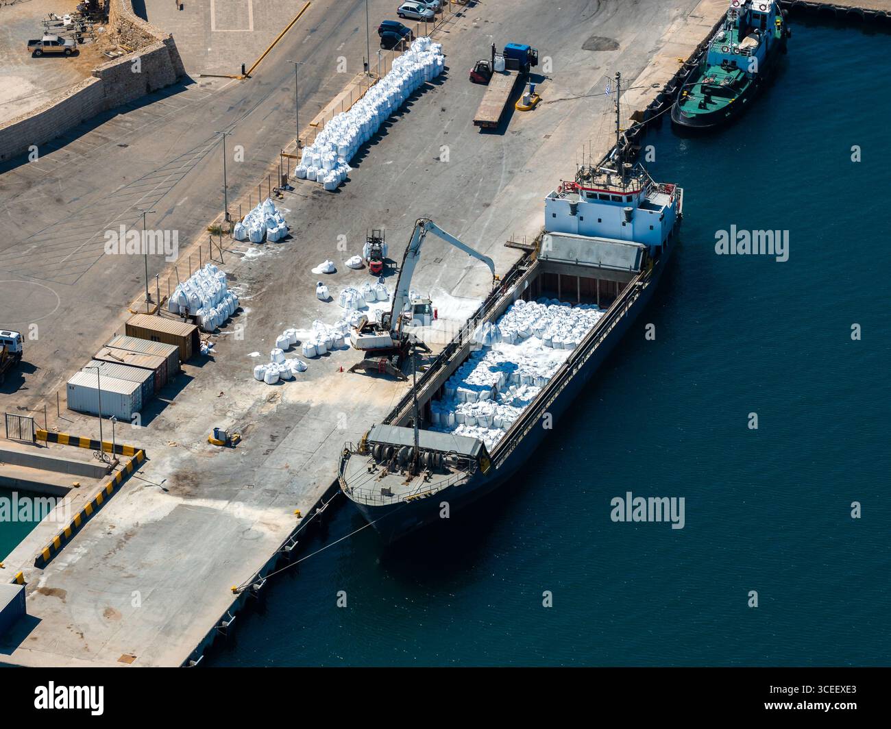 Aerial View of Cargo Ship and Crane at Port on Crete Island, Greece ...