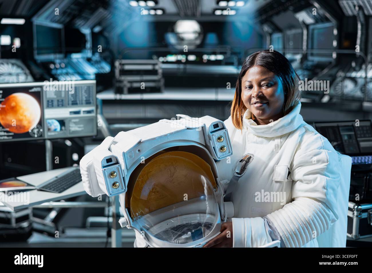 Portrait of smiling cosmonaut in orbital station seeking ...