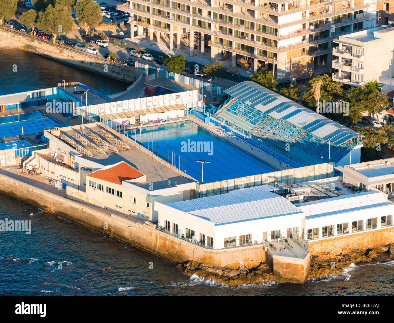 Aerial View of Waterfront Sports Complex in Chania, Crete at Sunset ...