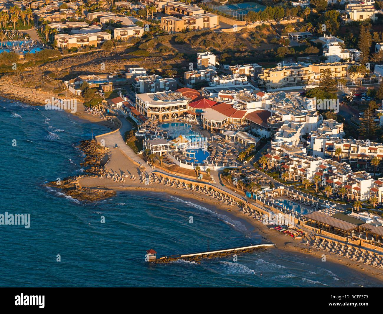 Aerial View of Stalida Town with Beachfront and Mediterranean Sea Stock ...