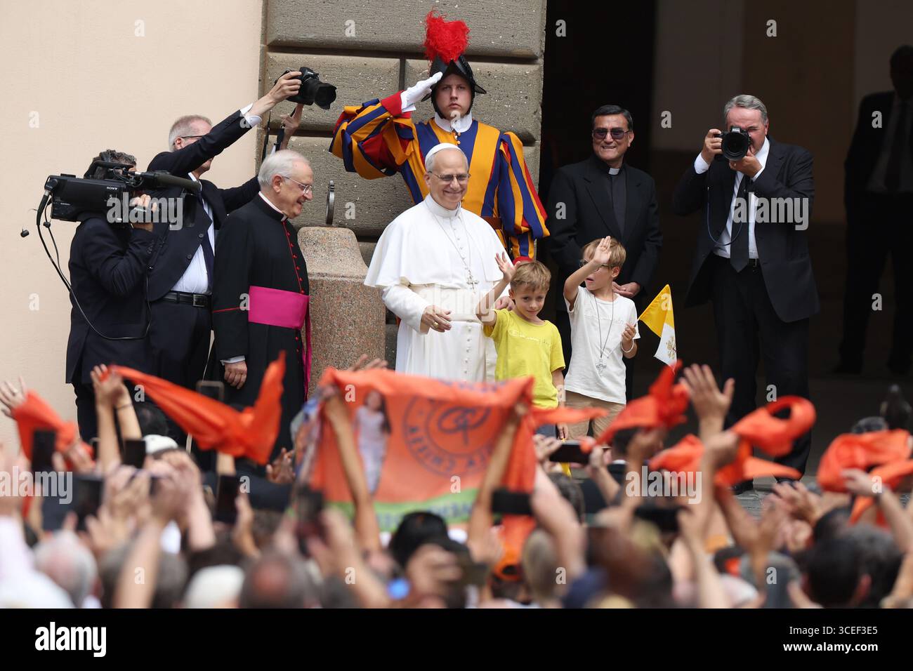 Castelgandolfo, Italy - August 15, 2025: The Pope meets two children ...
