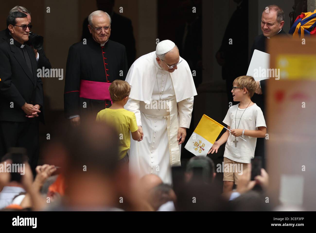 Castelgandolfo, Italy - August 15, 2025: The Pope meets two children ...