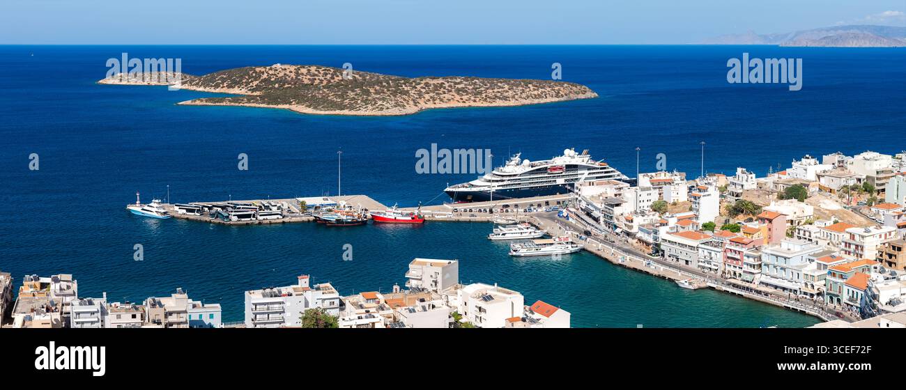 Aerial View of Agios Nikolaos Harbor with Cruise Ship and Boats Stock ...