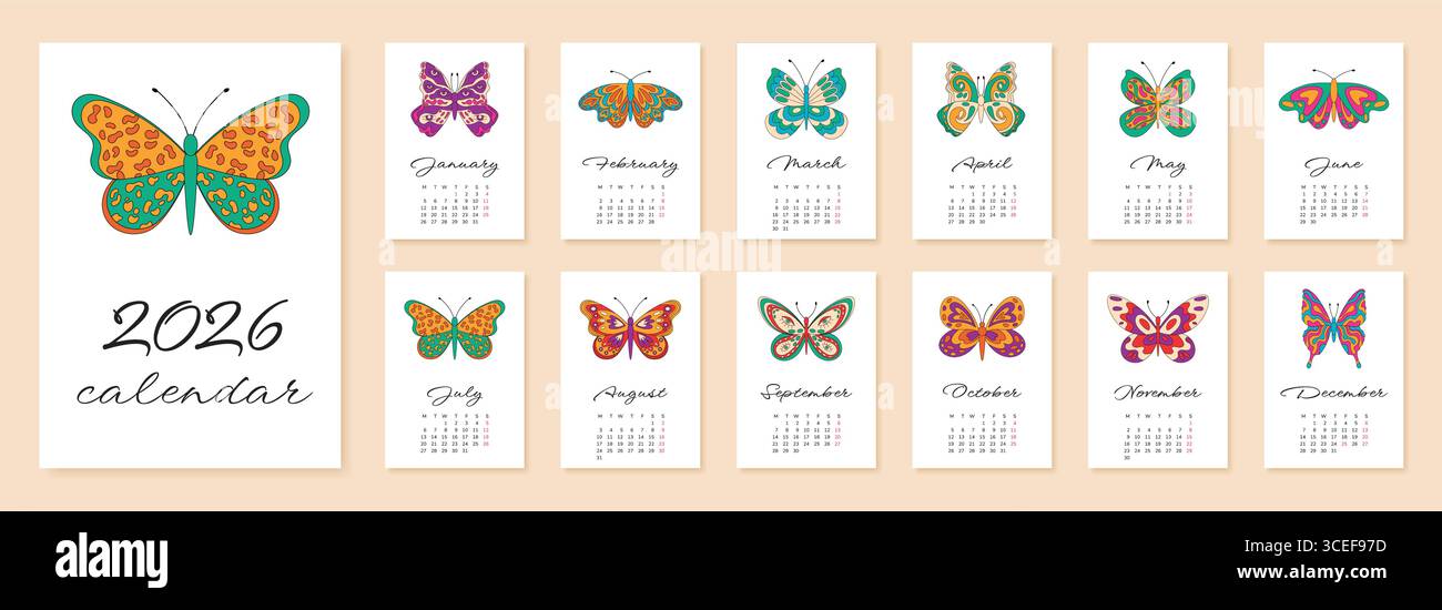 Groovy Retro Butterfly 2026 Year Calendar Stock Vector Image & Art - Alamy