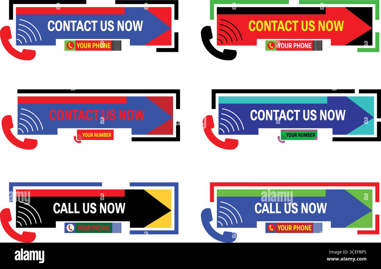 Contact us now arrow buttons vector collection with telephone icons for ...