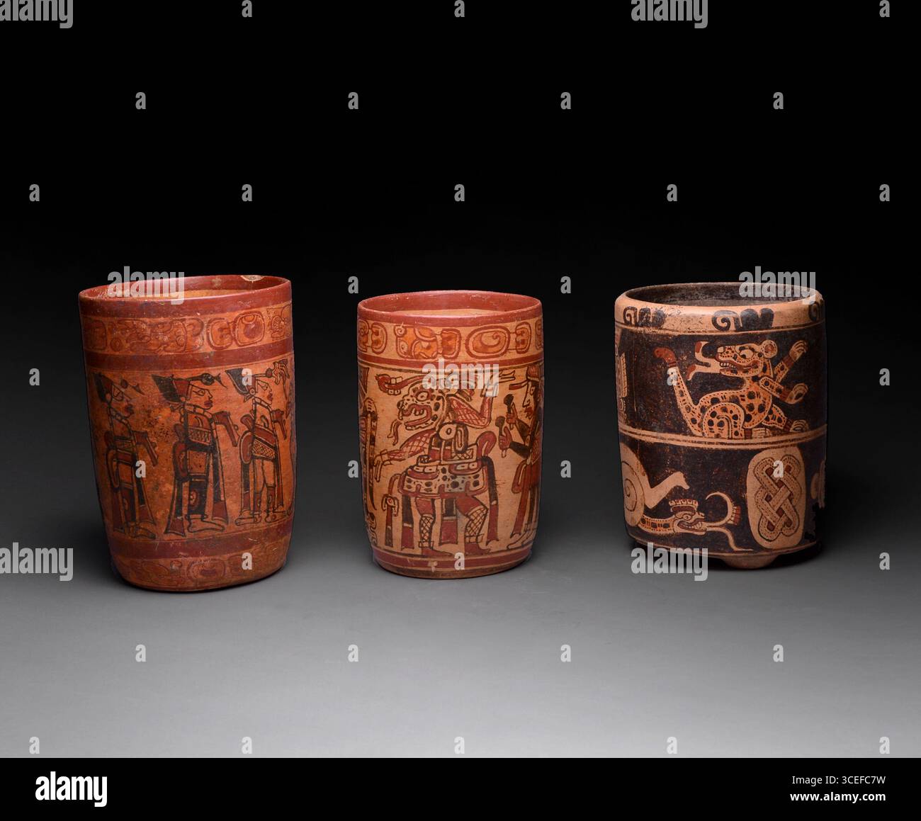 Ancient Pre-Columbian Art: 3 Mayan Terracotta Cylindrical Vessels Stock ...