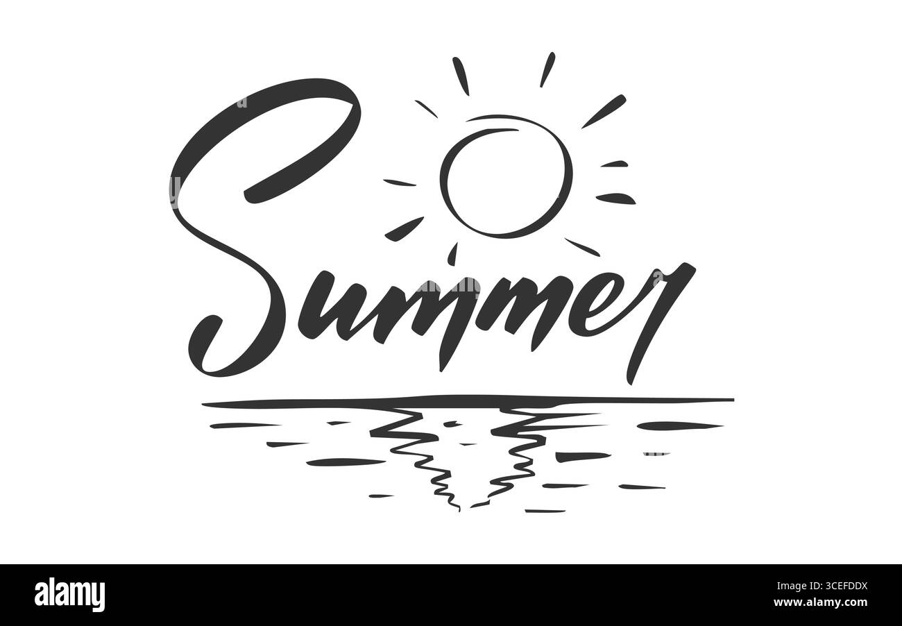Summer handwritten word by black ink. Glowing sun rays above calm sea reflection ripple horizon ...