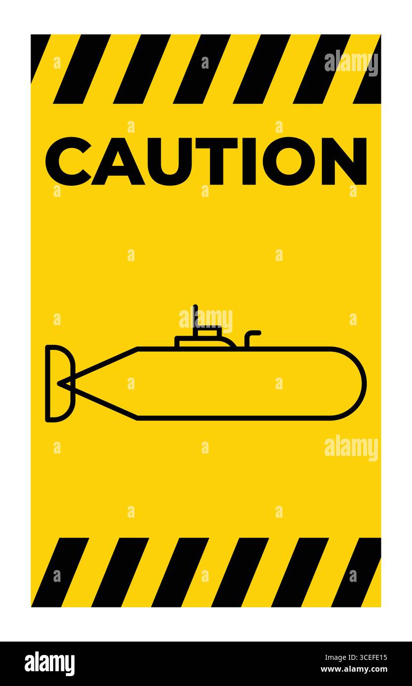 A bright yellow caution sign displaying a submarine icon, designed to ...