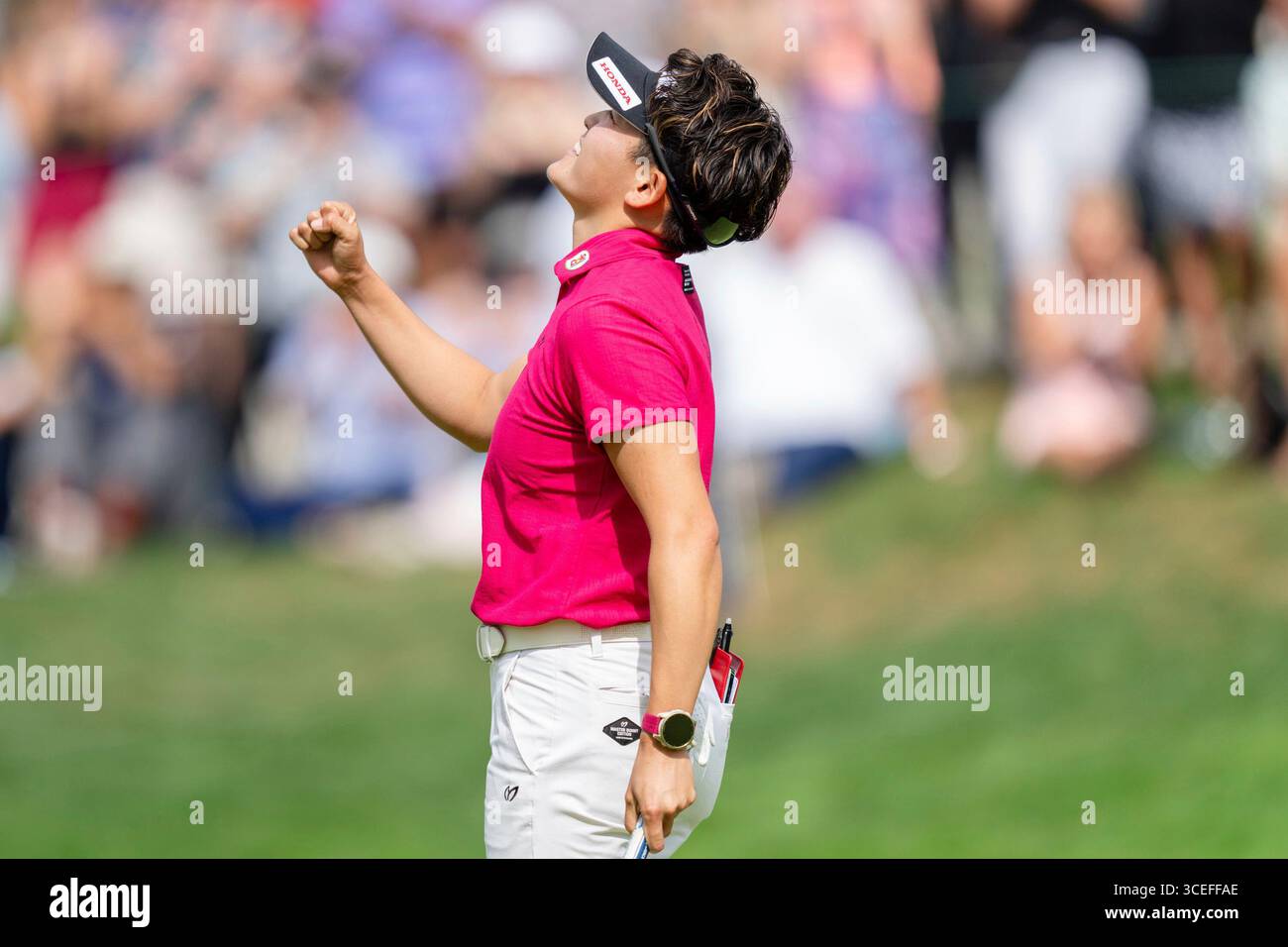 Akie Iwai, of Japan, reacts after winning the LPGA Portland Classic ...