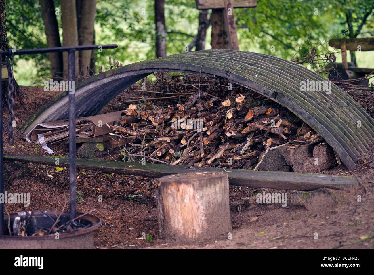 Stacked firewood is sheltered under a curved metal structure surrounded ...