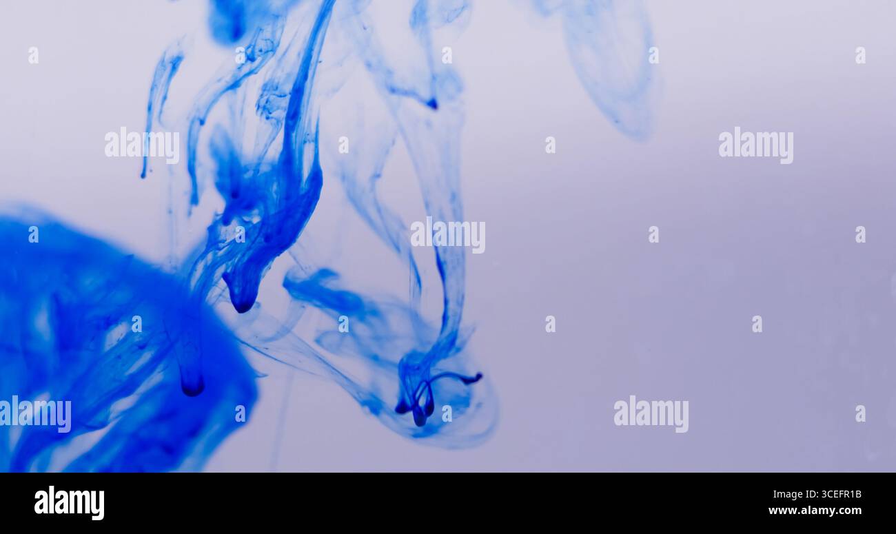Ink fume. Smoke swirl. Blue pigment dripping color water blur vapor ...