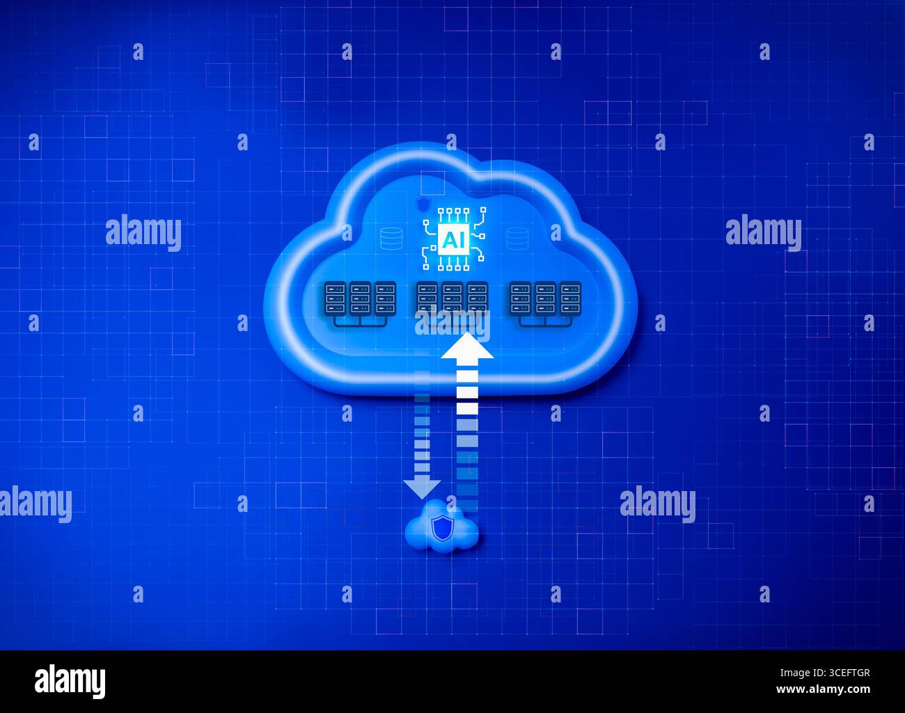 AI cloud storage system with data center servers icons and upload ...