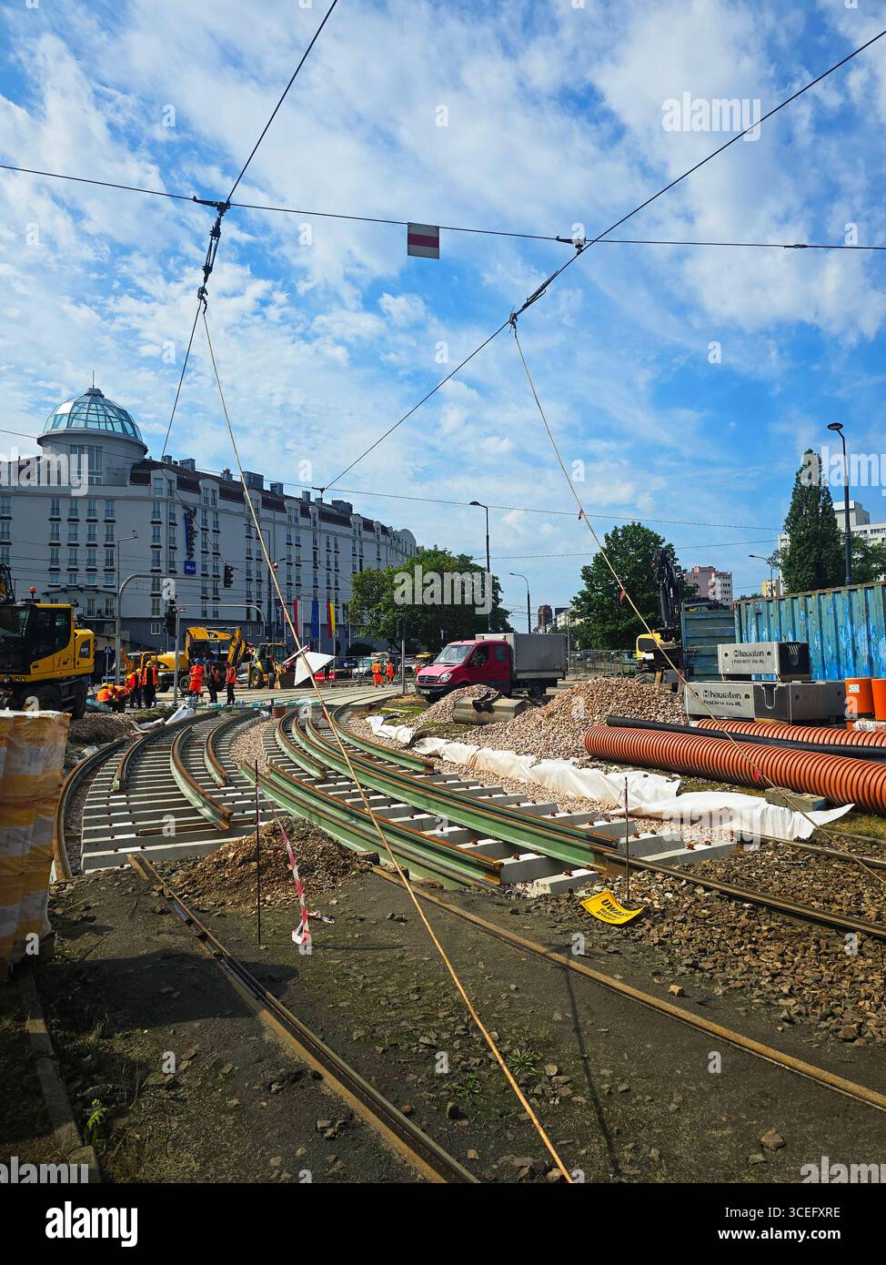 Construction of a new tram tracks in Warsaw, Poland Stock Photo - Alamy