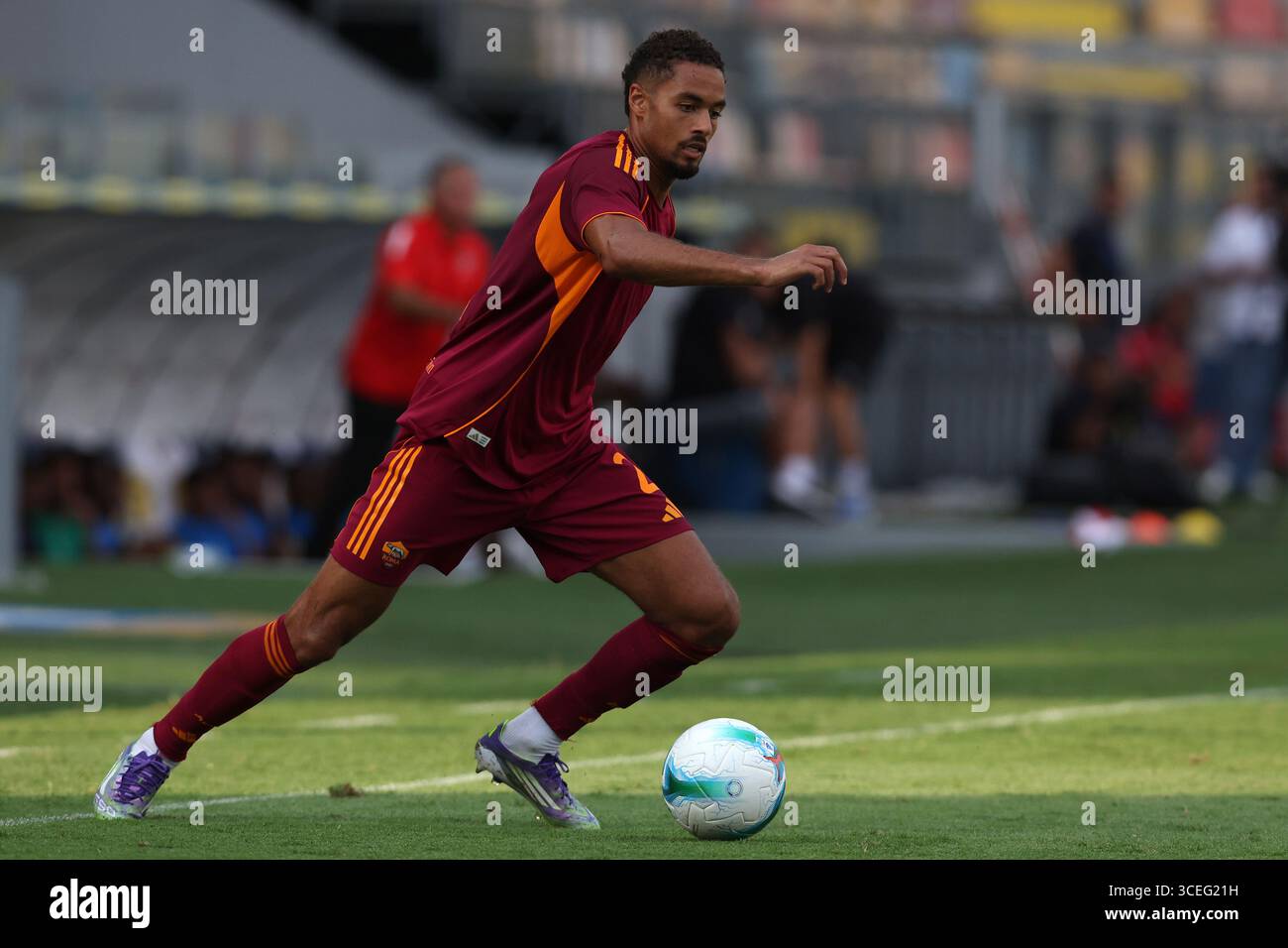Frosinone, Italy 16 August, 2025: Devyne Rensch of Roma seen in action ...