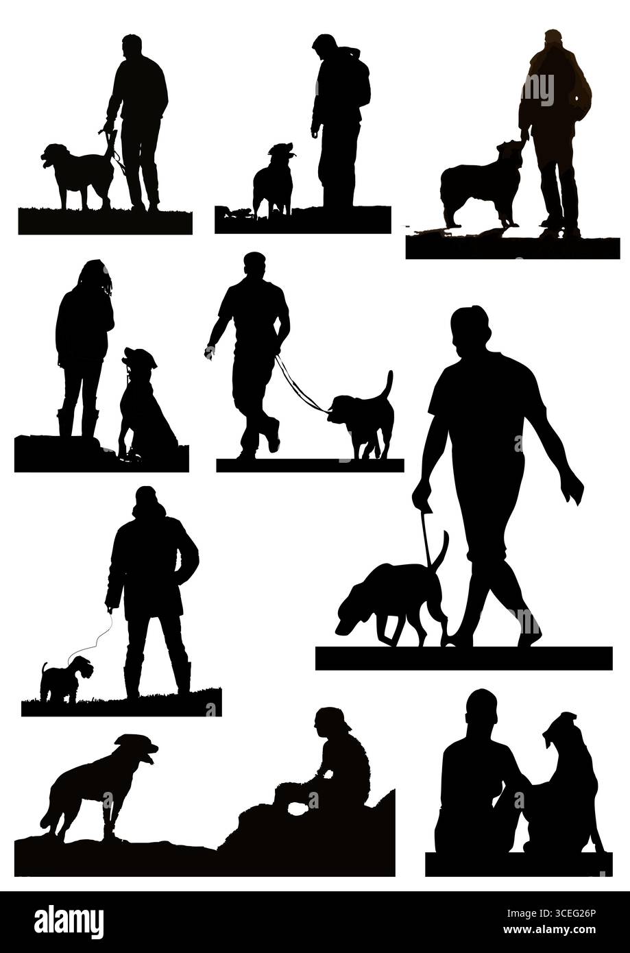 Black and White man and dog silhouettes. Hand drawn Vector illustration ...