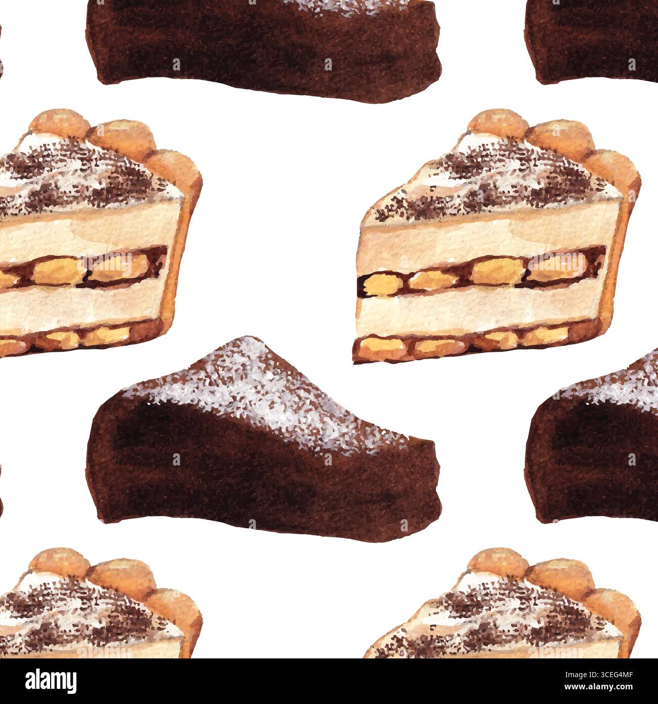 Watercolor Pattern of Tiramisu and Torta Caprese Slices – Classic ...