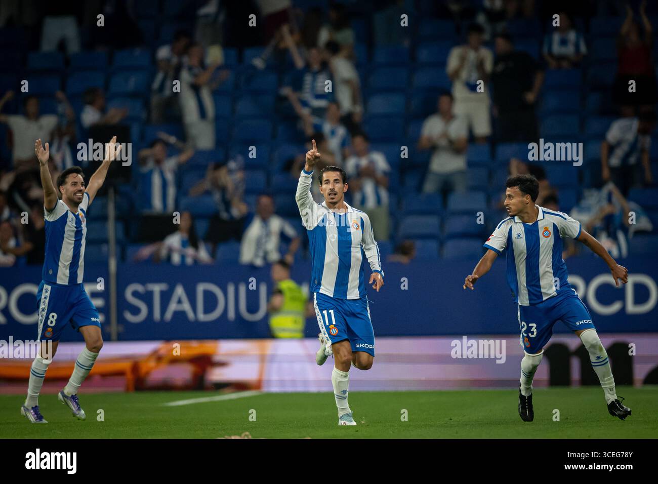 Barcelona, Spain. 18th Aug, 2025. Pere Milla (RCD Espanyol) celebrates ...