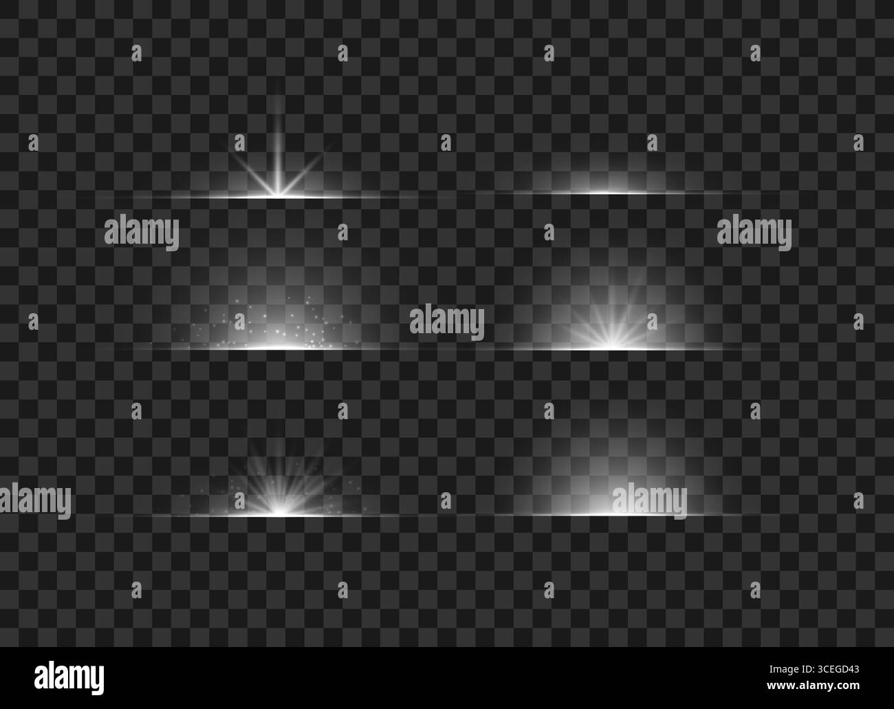 Set of white horizontal light flares and glowing line dividers ...
