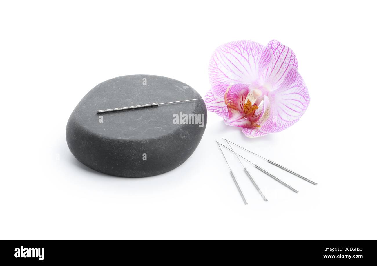 Acupuncture needles, orchid flower and spa stone isolated on white ...