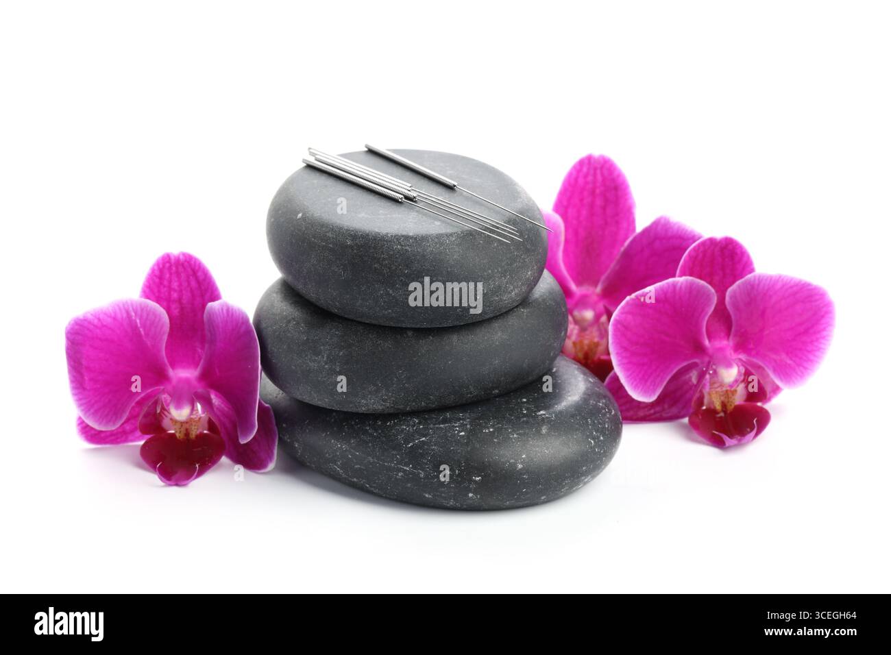 Acupuncture needles, orchid flower and spa stones isolated on white ...
