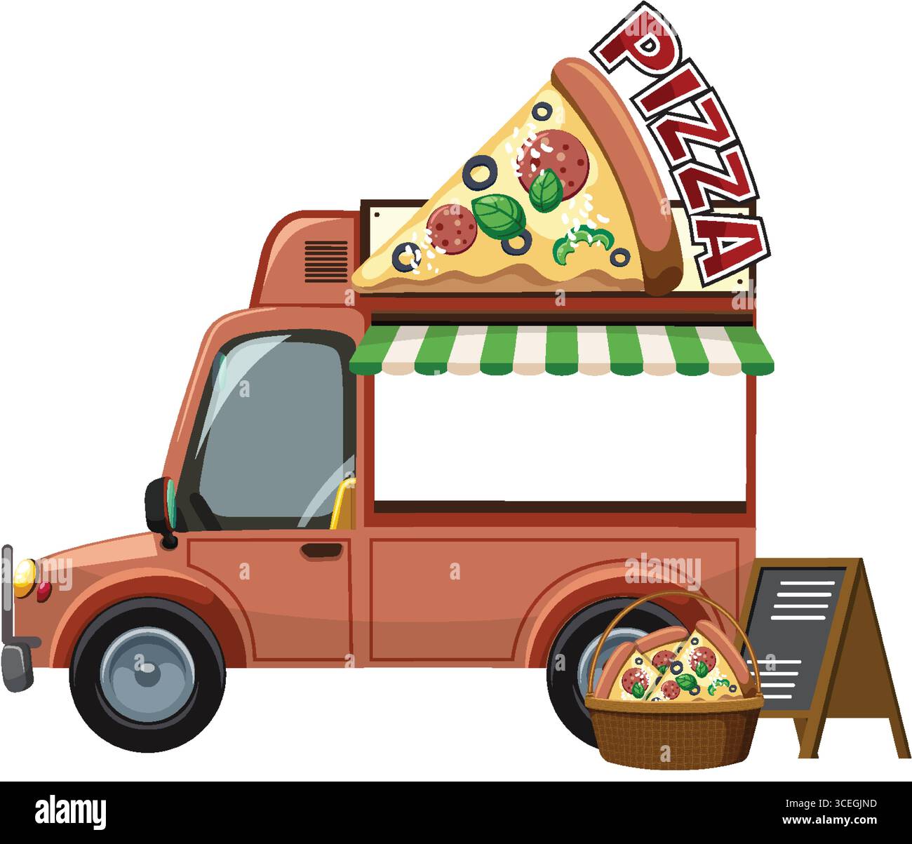 Vector illustration of a red pizza food truck with a giant pizza slice ...