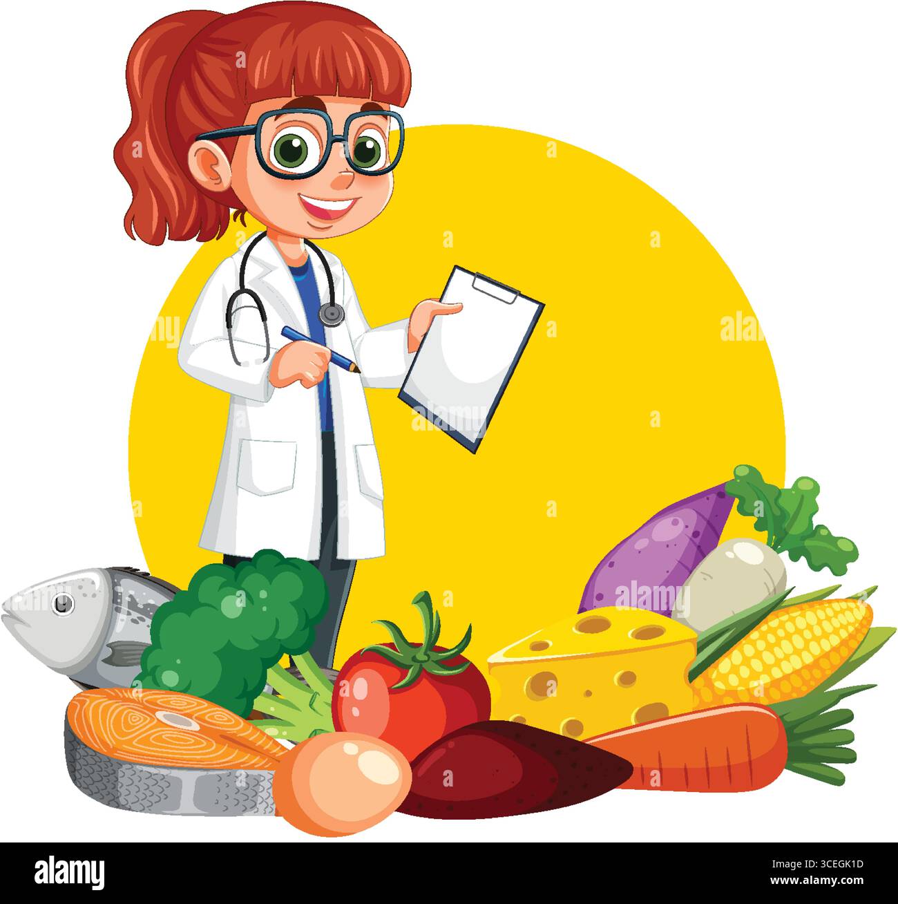 Female nutritionist in lab coat holding clipboard, surrounded by fish ...