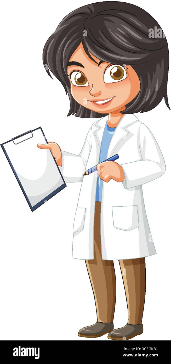 Vector illustration of a smiling female scientist in a white lab coat ...