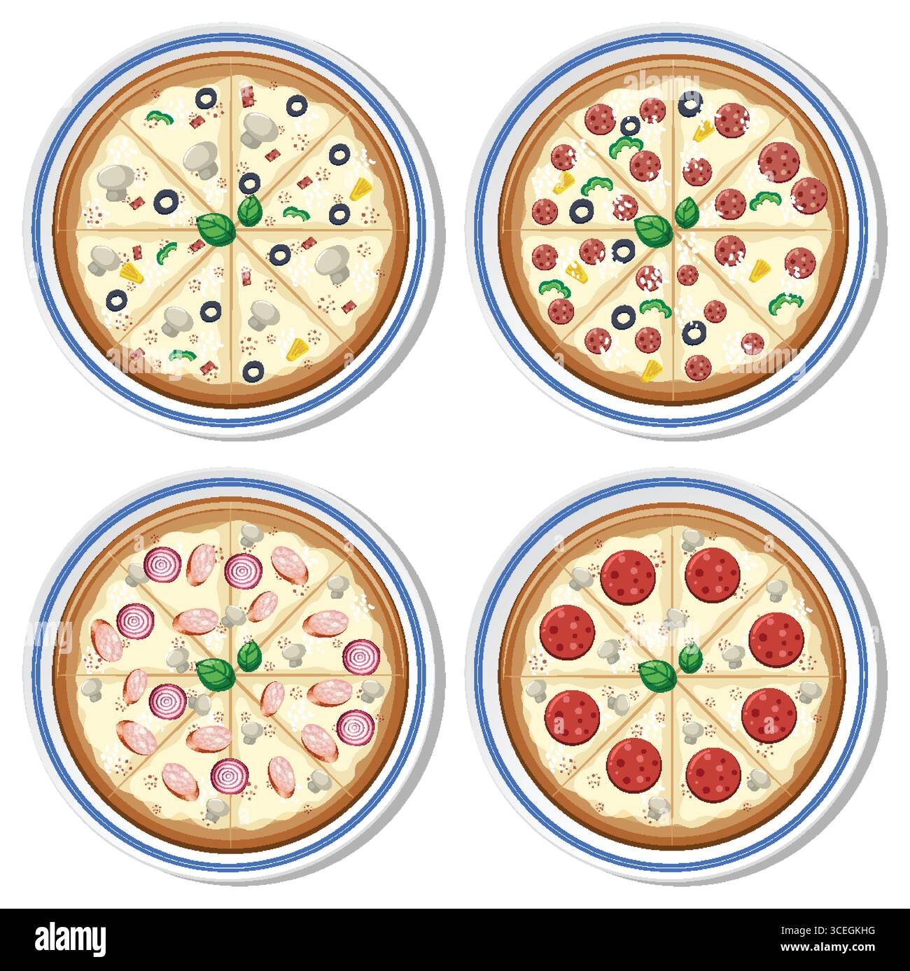 Vector illustration of four different pizzas on plates, showcasing ...