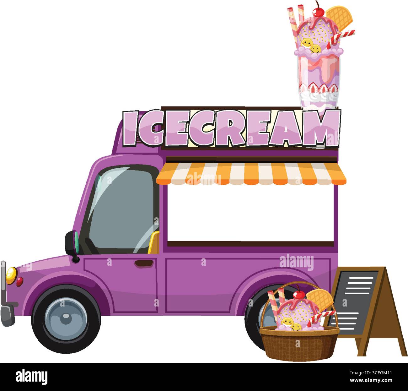 Vector illustration of a purple ice cream truck with striped awning ...