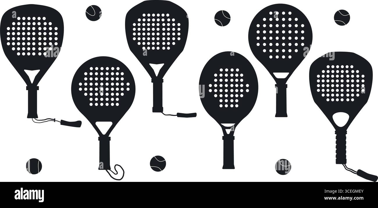 Set of padel tennis rackets and balls. Sport equipment silhouette pack ...