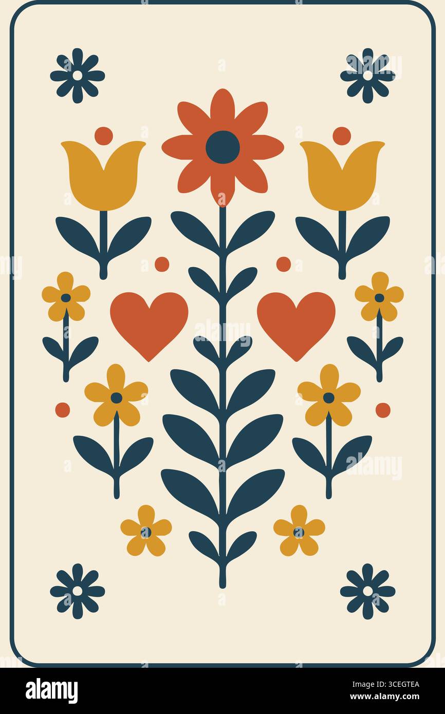 Vertical card design showing stylized flowers and hearts on branching ...
