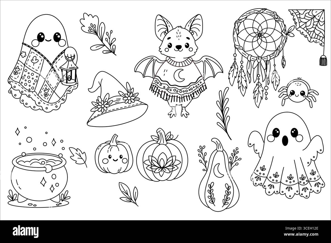 Hand-drawn kawaii Halloween set in boho style ghost, bat, witch hat ...