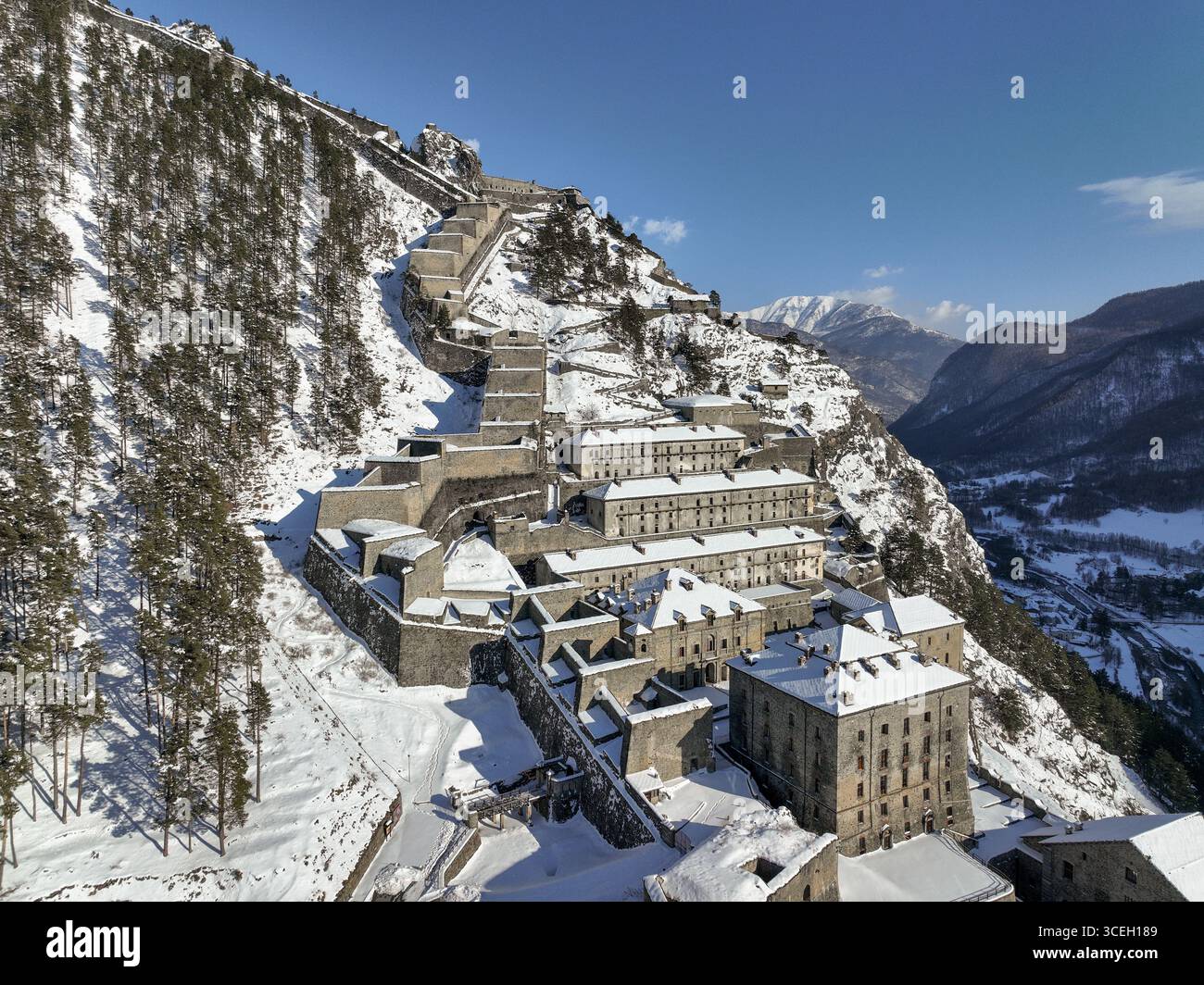 Aerial view of the imposing Forte di Fenestrelle, a fortress clinging ...