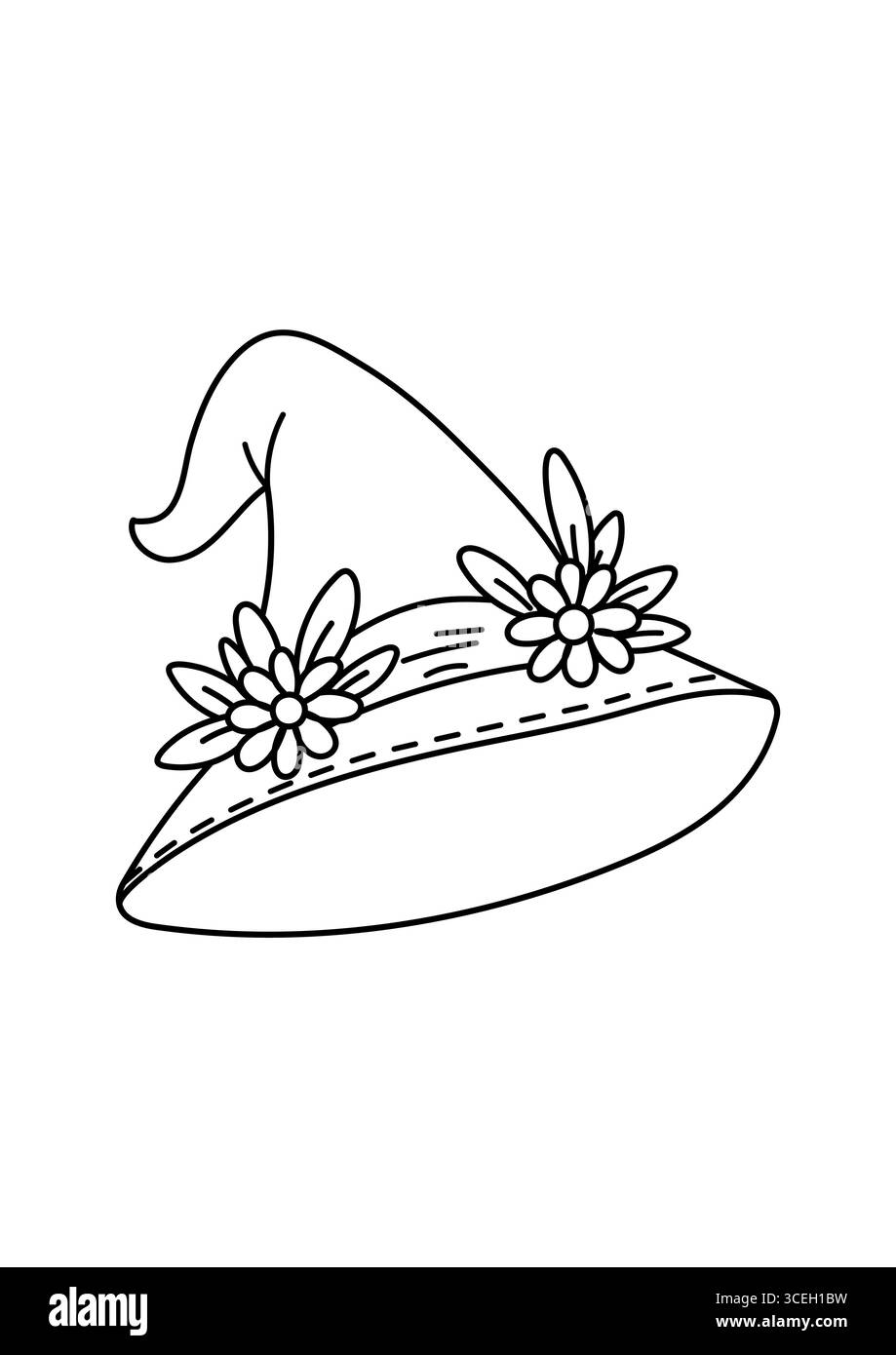 Witch hat illustration with stitched flowers and leaves in boho style ...