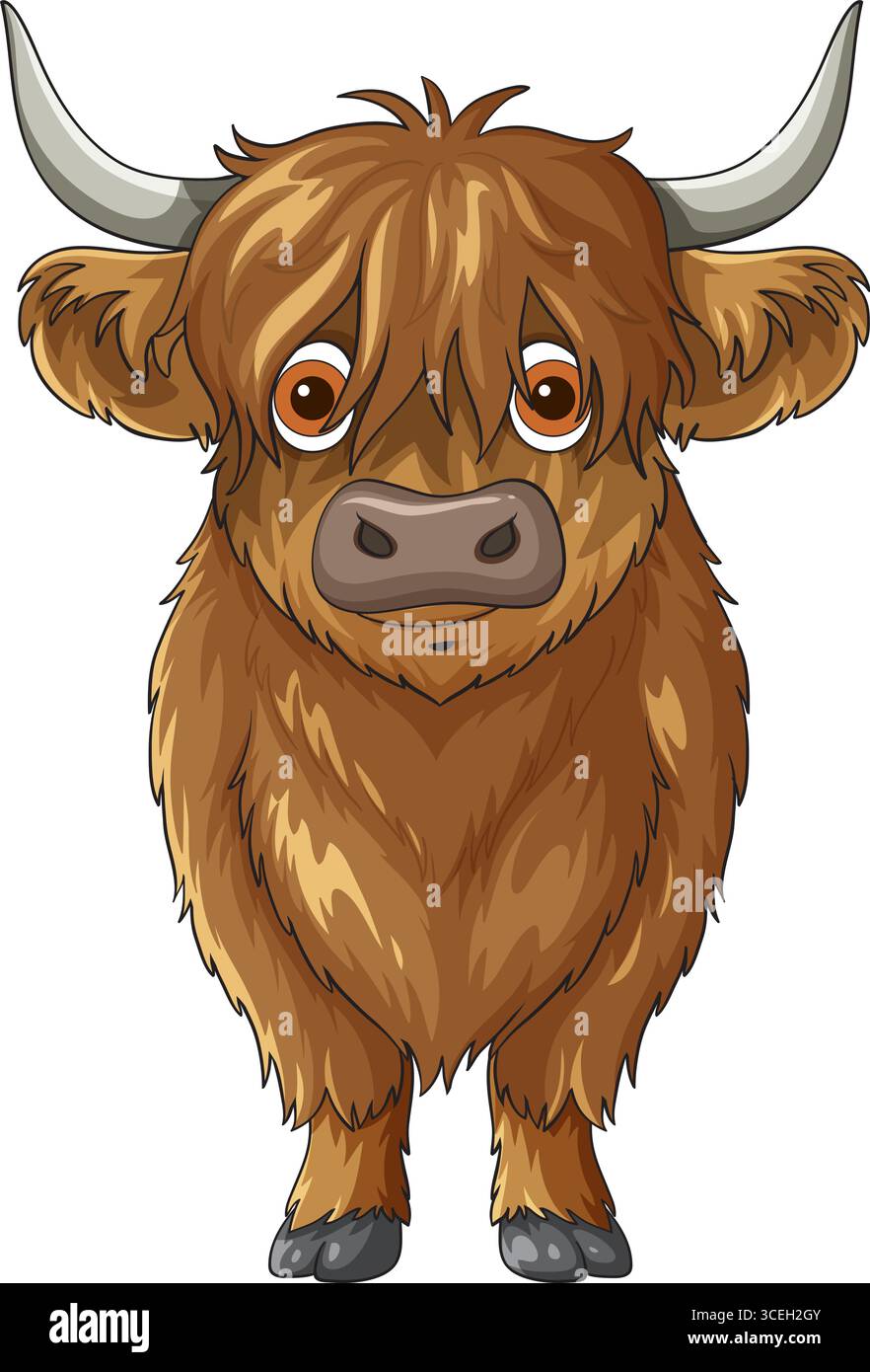Vector illustration of a cute Highland cow with shaggy fur, large horns ...