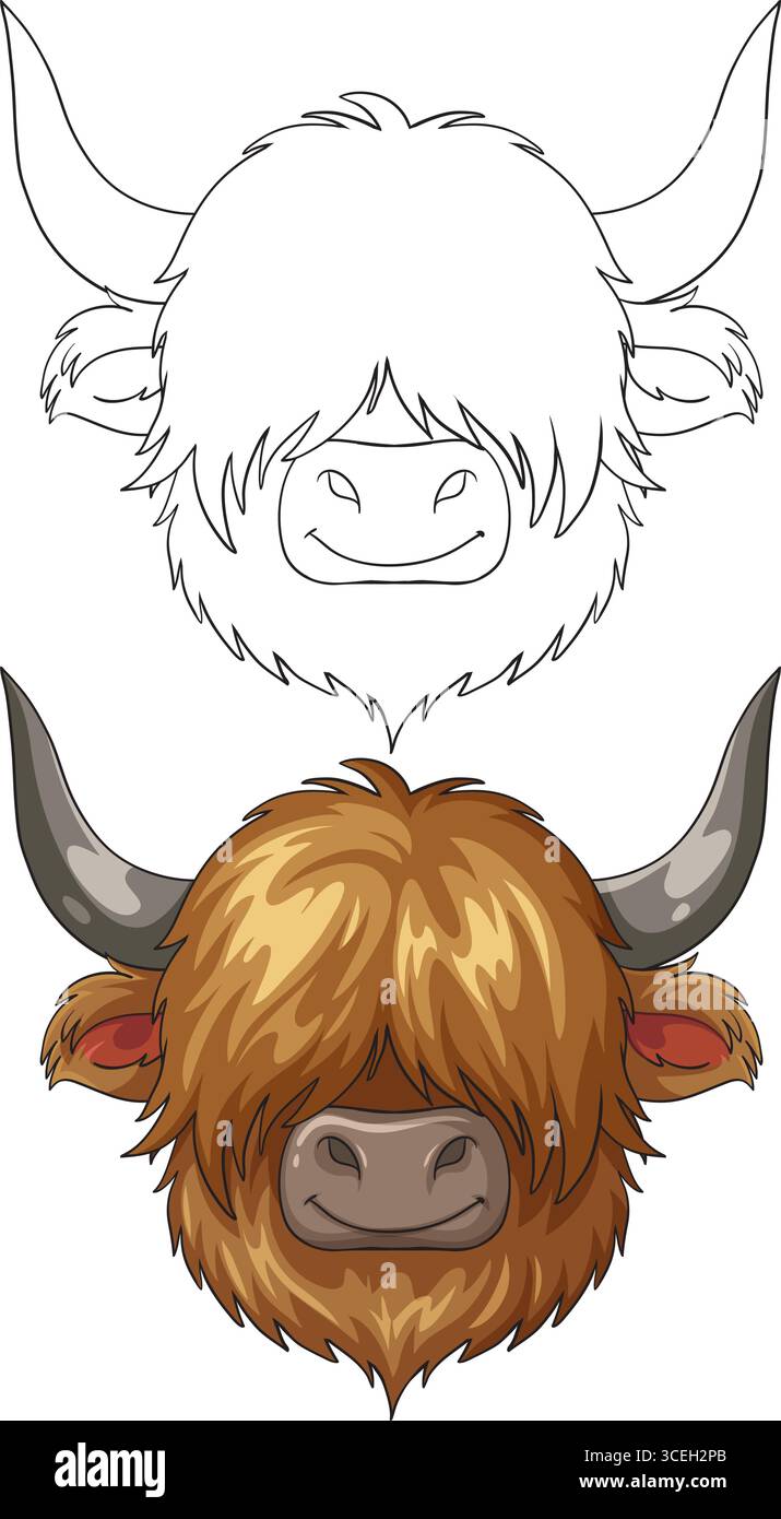 Front-facing Highland cow head in cartoon style, shown in both full ...