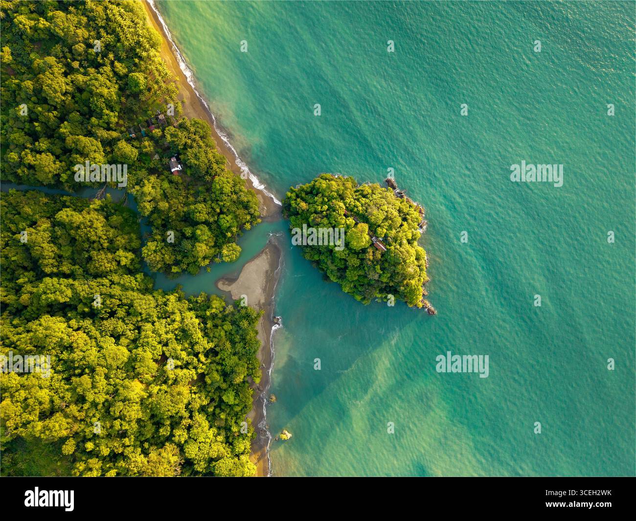Aerial view of a verdant island surrounded by turquoise waters, where ...