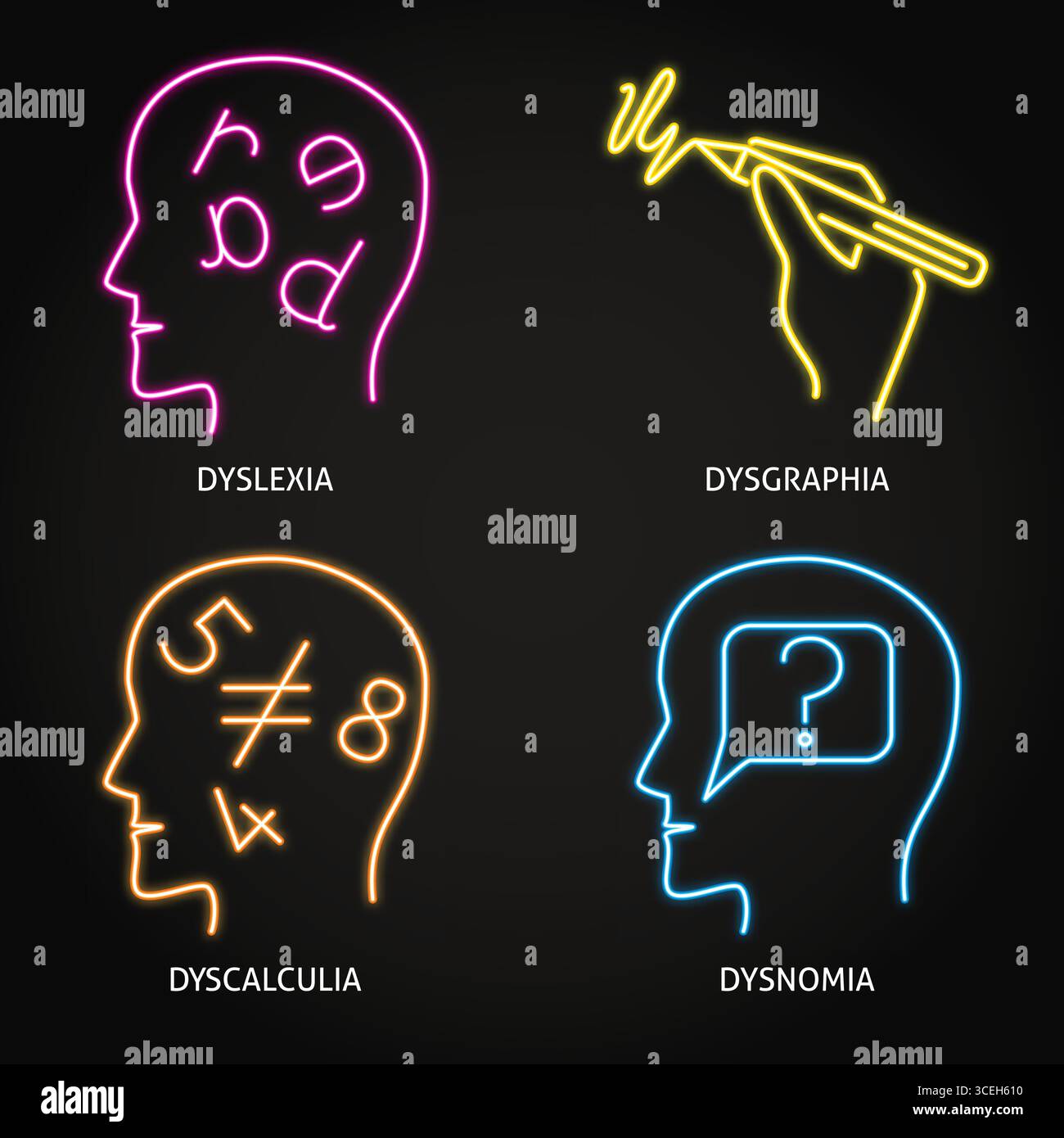 Neurodiversity symbols neon icon set. Dyslexia, dysgraphia, dyscalculia ...