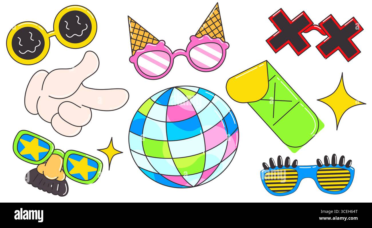 Groovy disco party elements - yellow and green glasses, pink ice cream ...