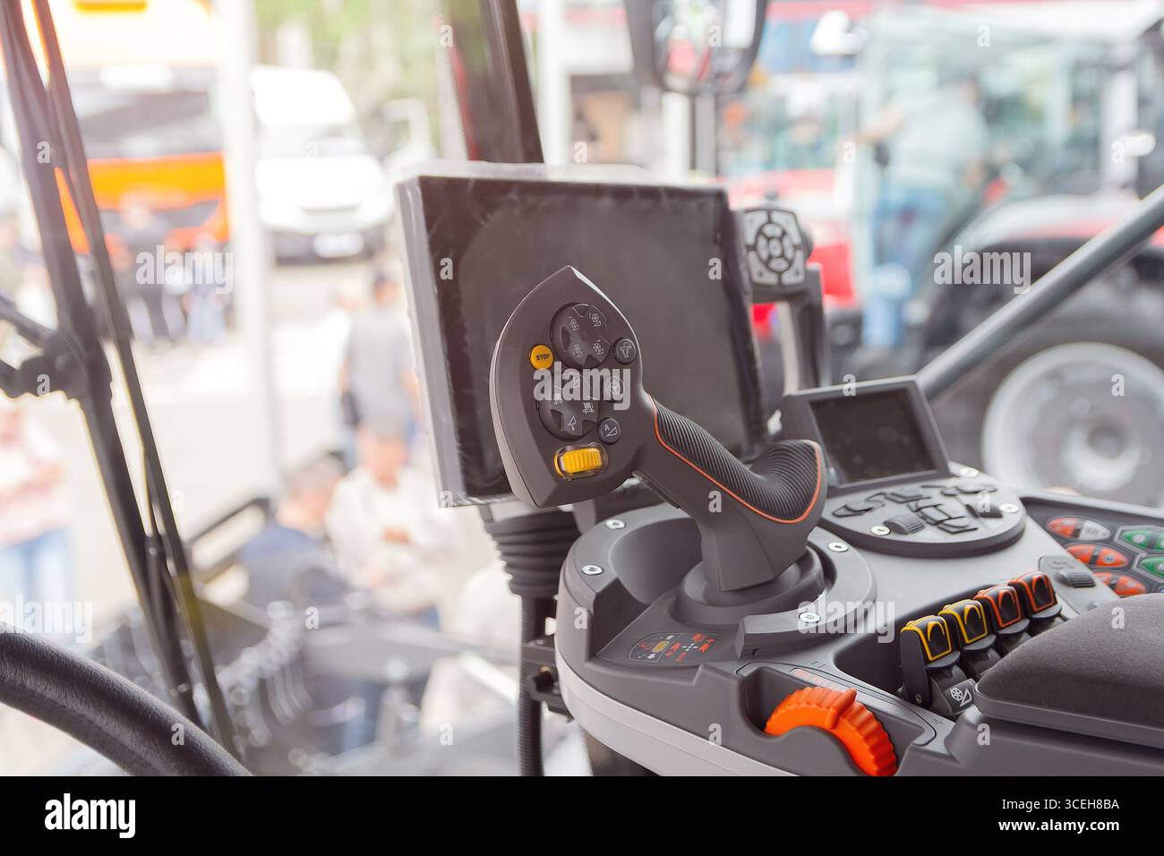The cabin and control stick tractor of a modern tractor close-up ...