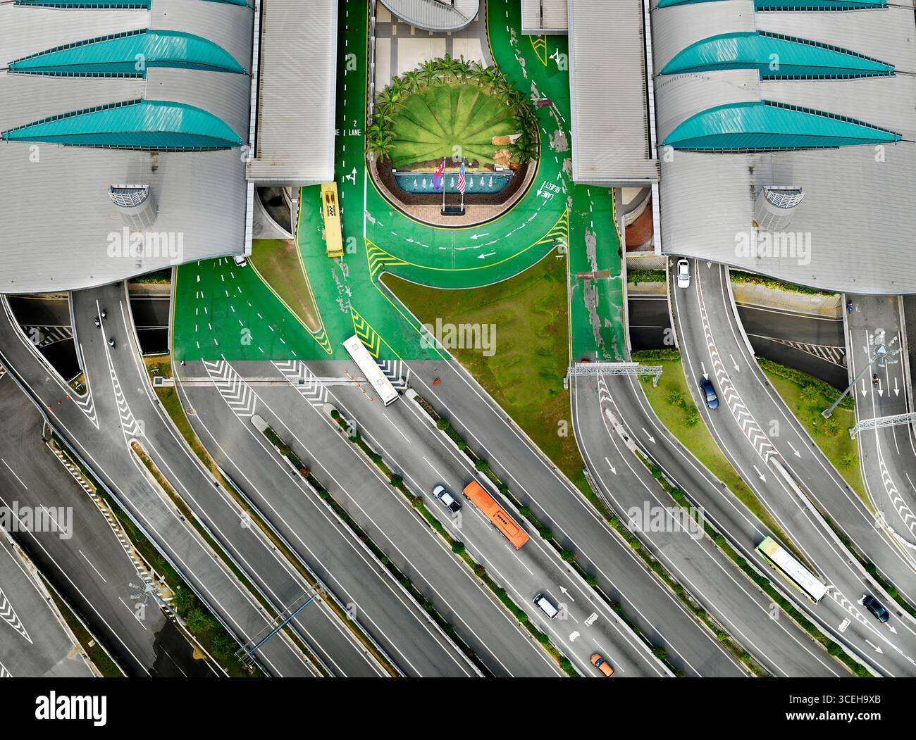 An aerial view of roads leading into the Sultan Iskandar Customs ...