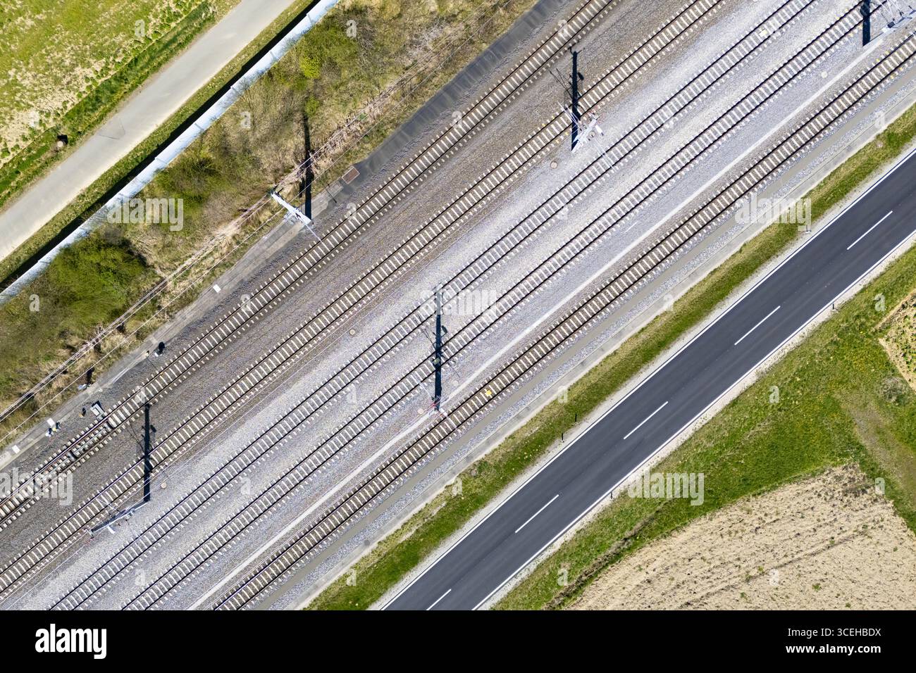 Aerial view of parallel lines of transportation infrastructure ...