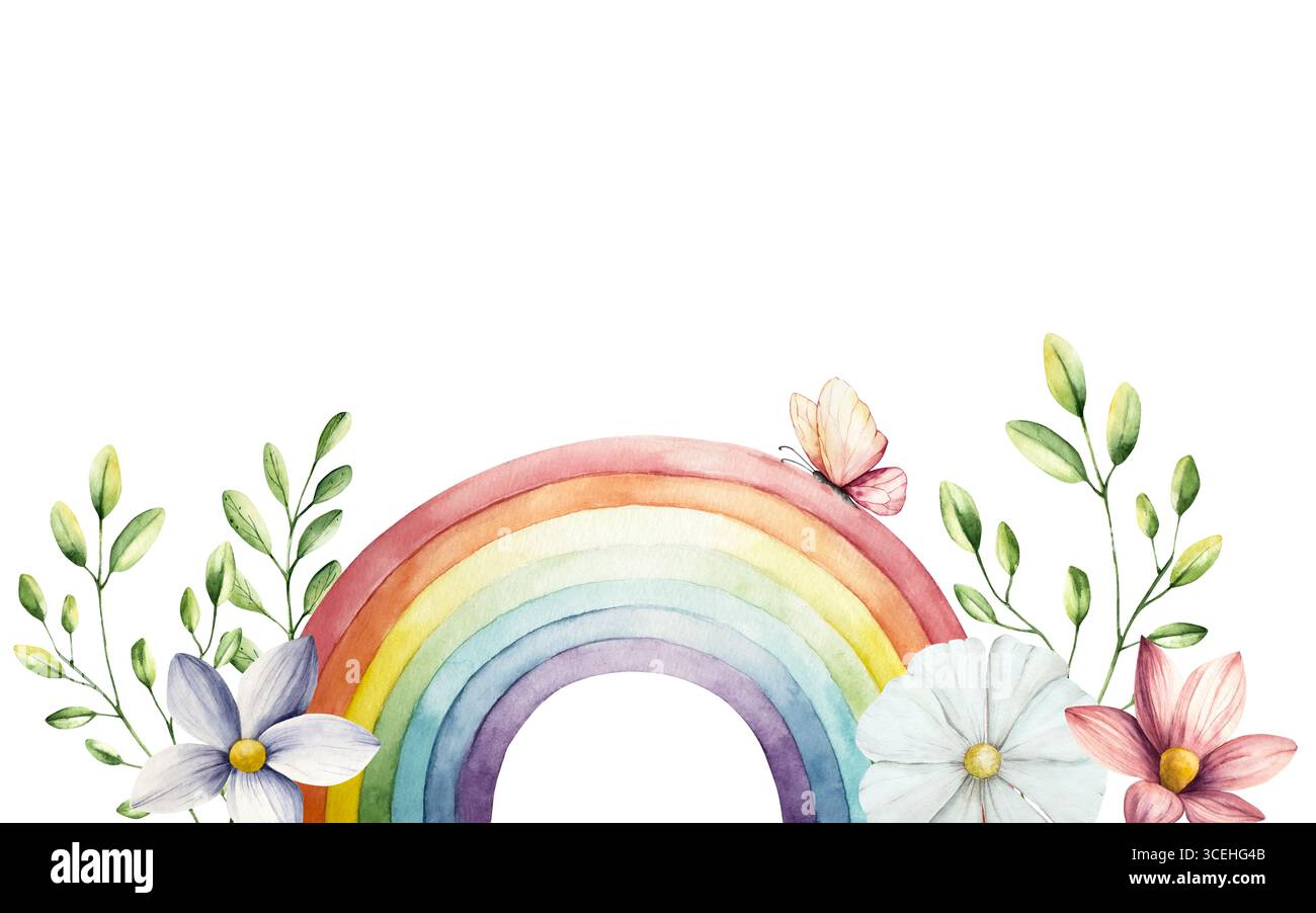 Watercolor hand drawn frame, border with rainbow. Magical clipart with ...