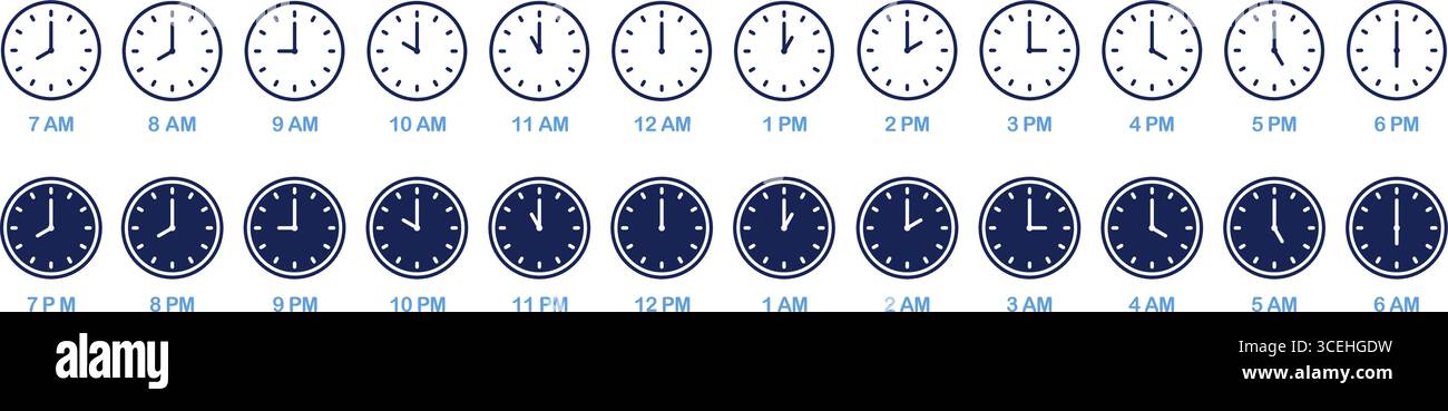 Wall Clock Icons Representing 24 Hours. Series of clocks showing the ...