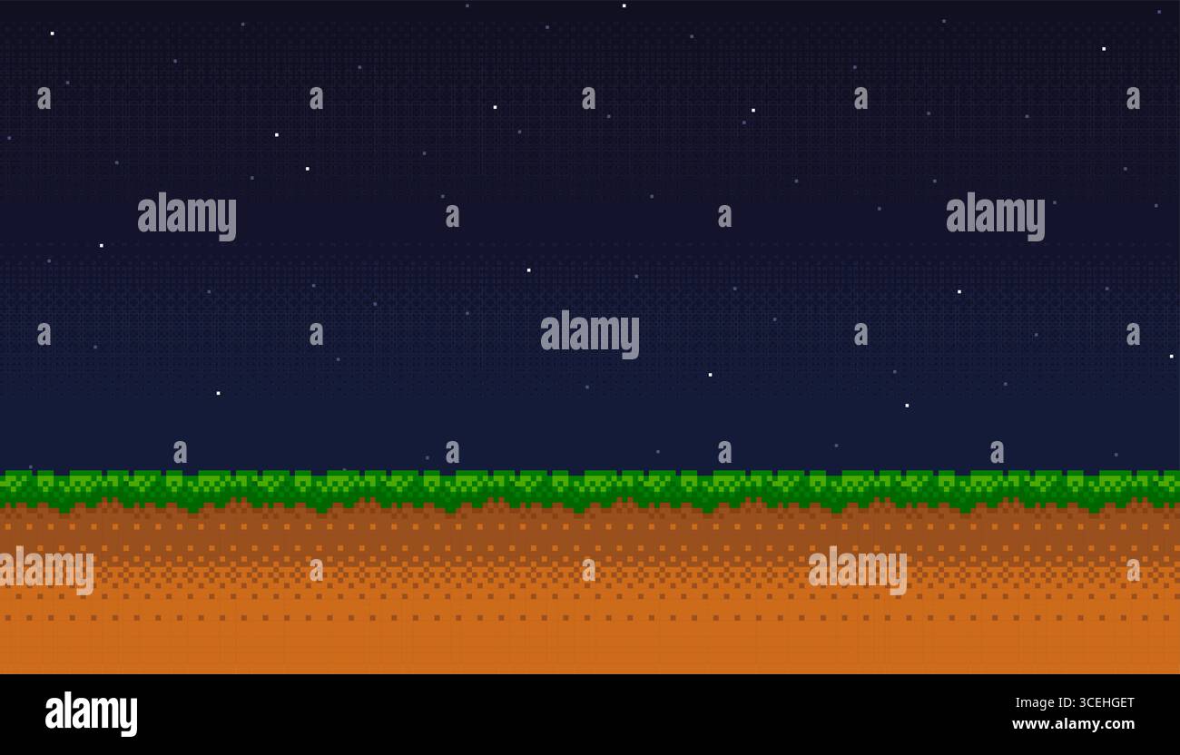 Pixel art background with night horizon, land, grass and sky with stars ...