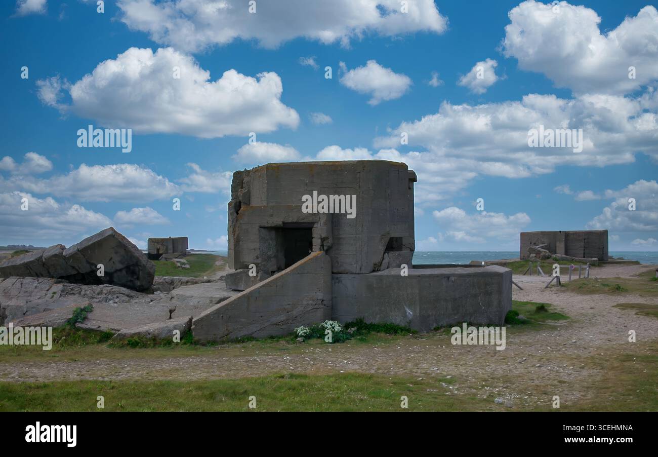 a Ruined blockhouse on a beach in Cotentin Peninsula, Normandy, France ...