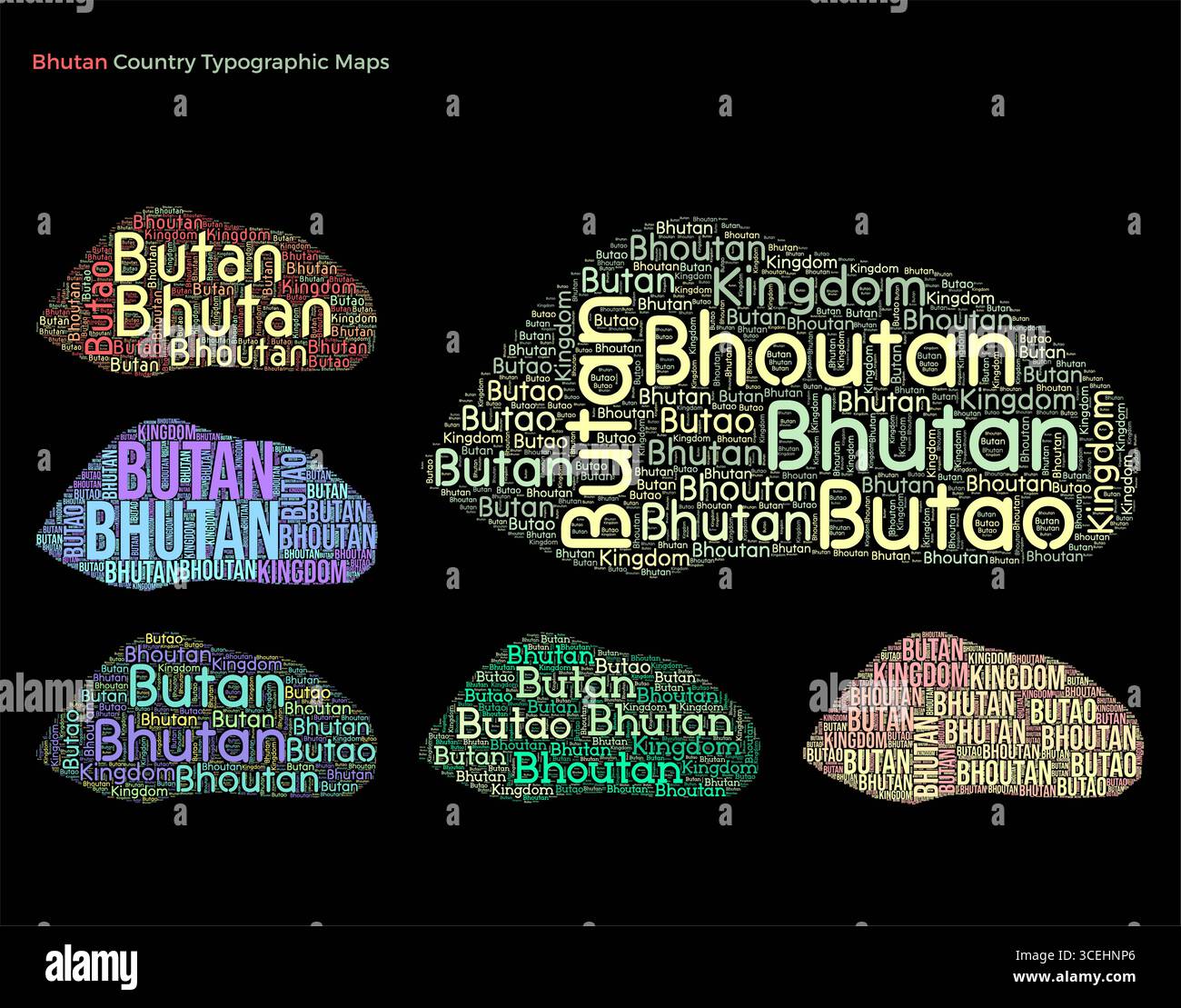 Bhutan. Set of typography style country illustrations. Bhutan map shape ...