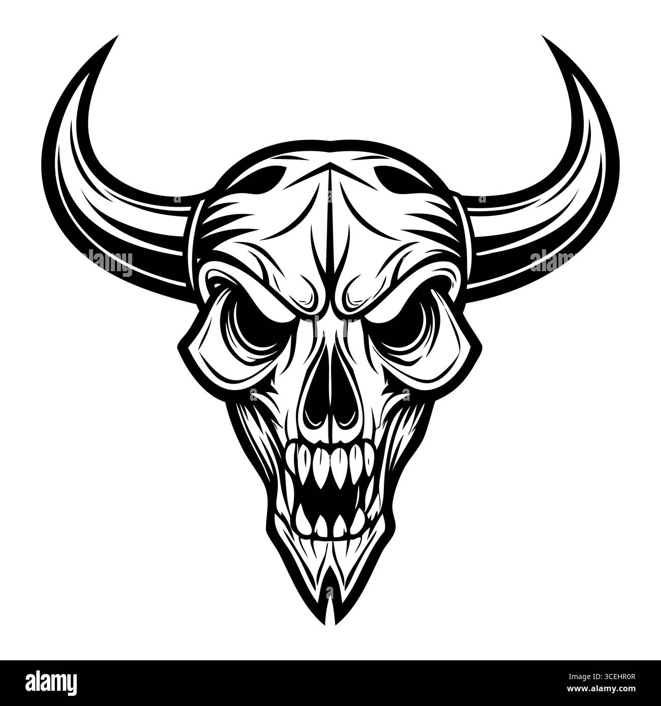 Black and white vector illustration of an evil bull skull with horns ...