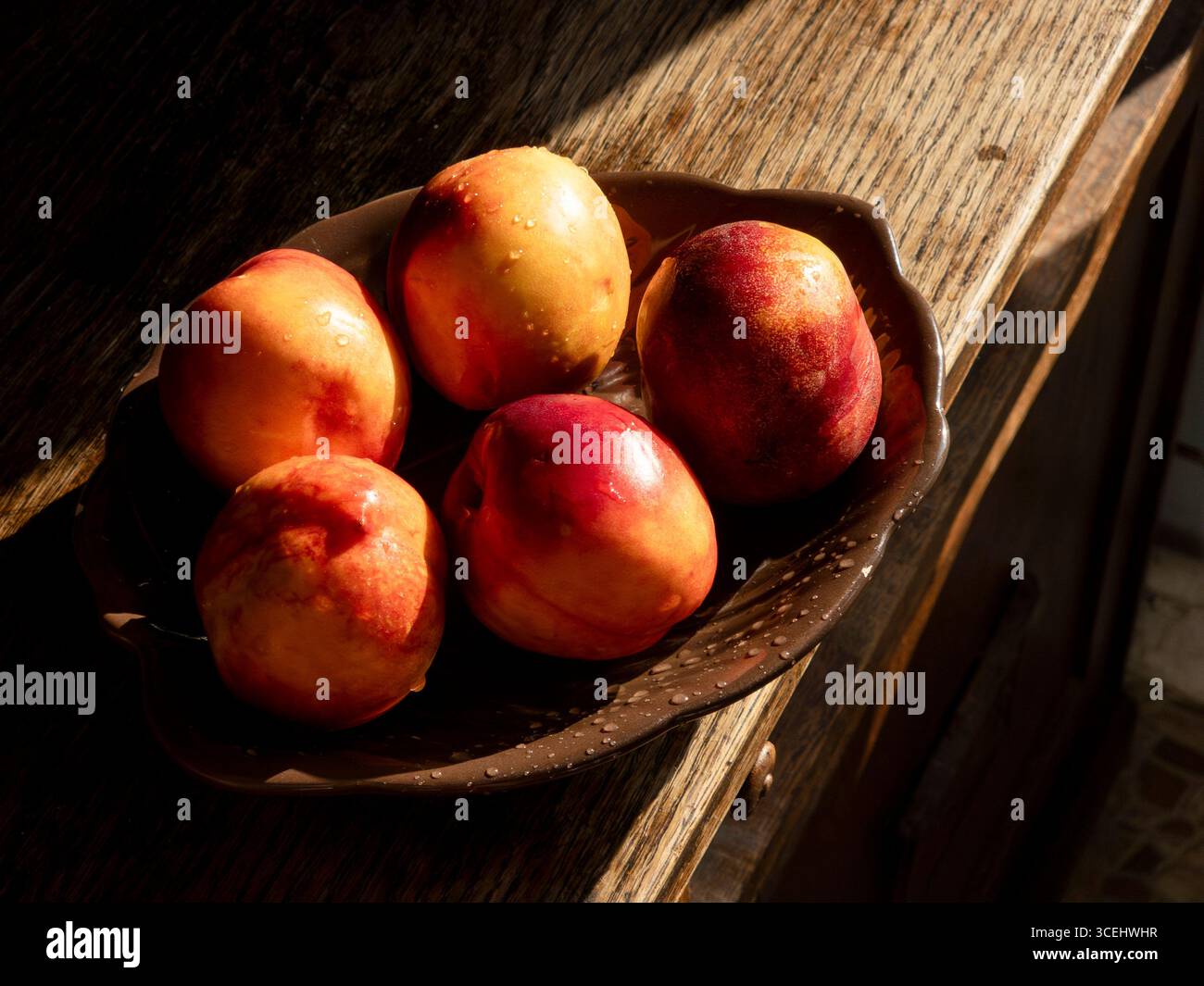 Five ripe nectarines with water droplets, arranged on a brown ceramic ...